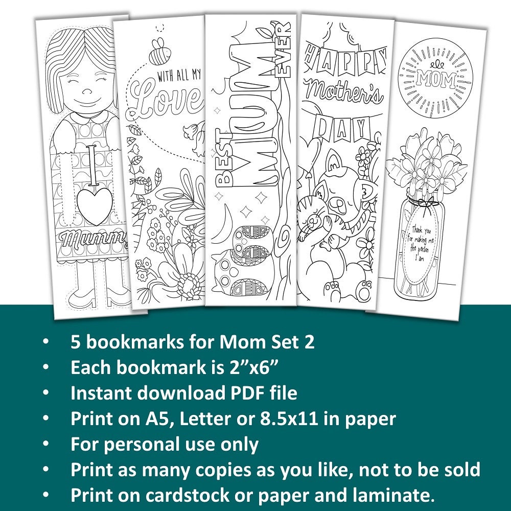 5 Printable Mother's Day Coloring Bookmarks Set 2, DIY Gift for Mom, 2 ...