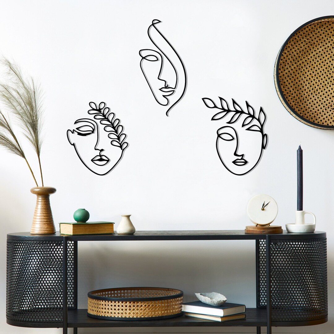 One Line Metal Wall Decor, Set of 3, Abstract Woman Faces, Minimalist ...