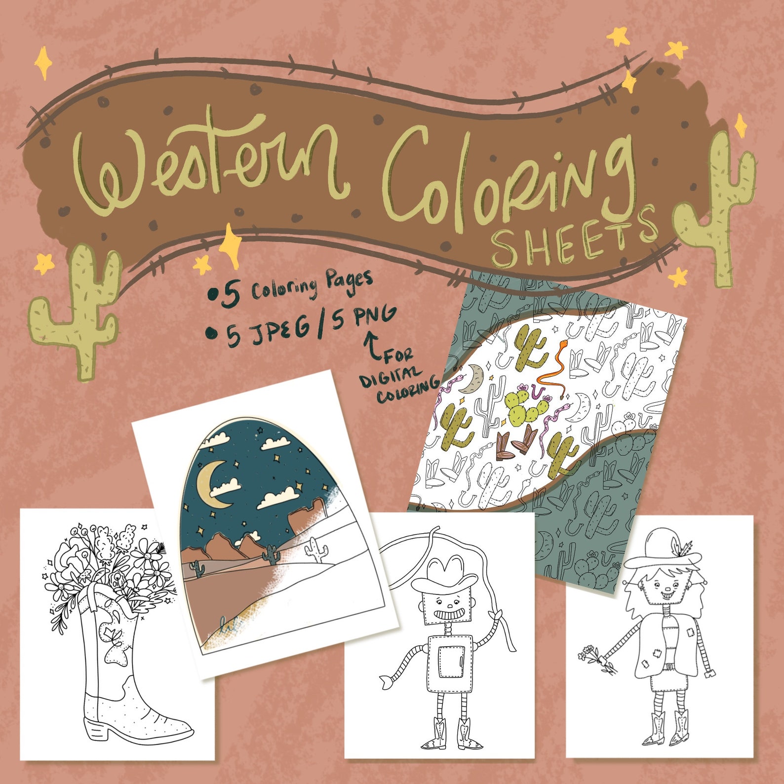 Western Coloring Sheets, Cowboy Desert Coloring, Digital Coloring ...