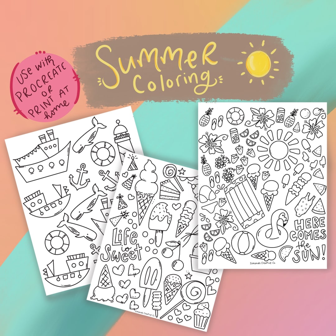 Summer Coloring Sheets, Digital Coloring, Print at Home Color Pages ...