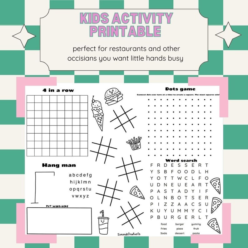 Activity Sheet for Kids, Restaurant Place Mat, Simple Restaurant ...