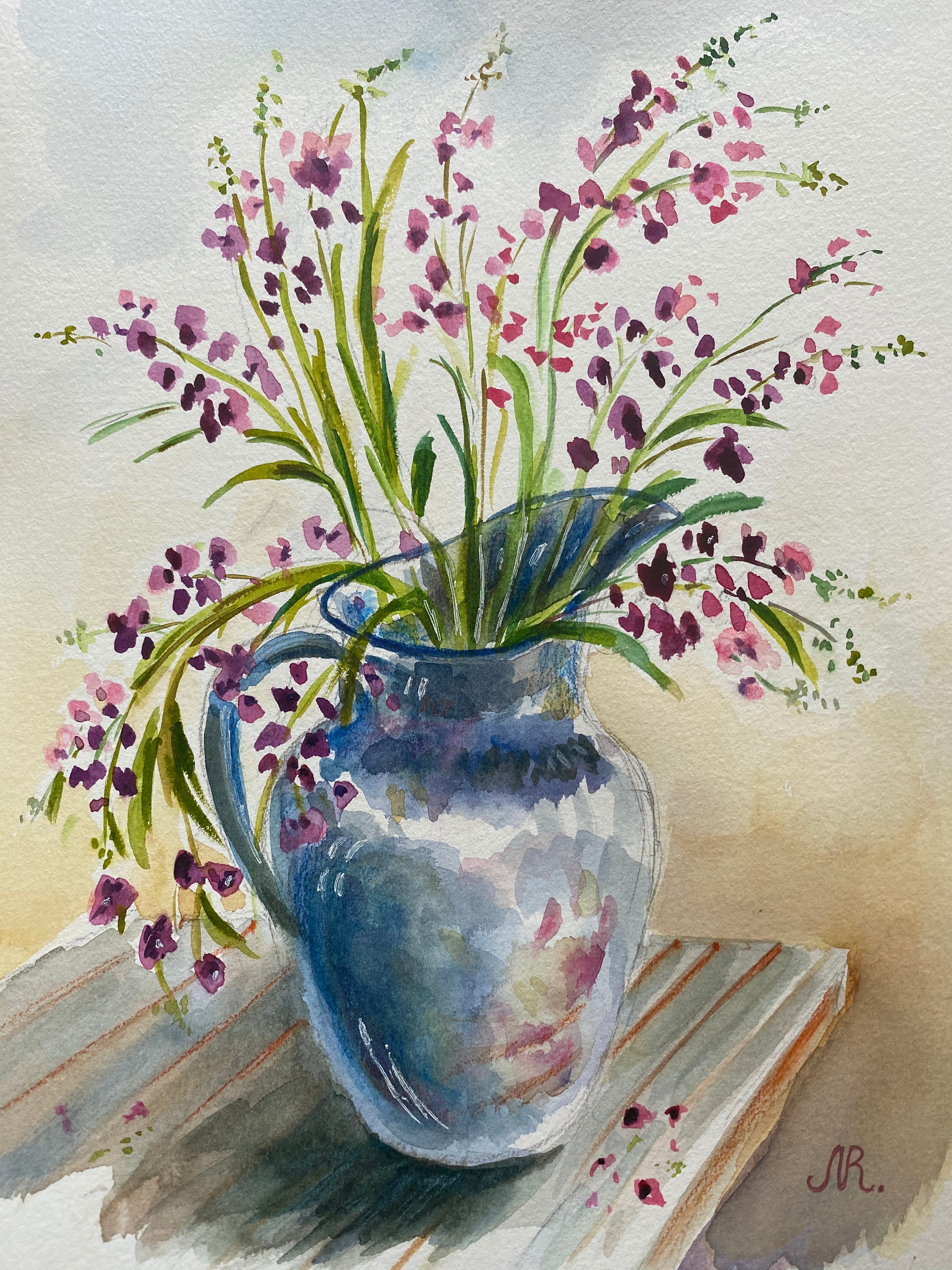 Purple flowers in a pitcher watercolor 9 on 12 | Etsy