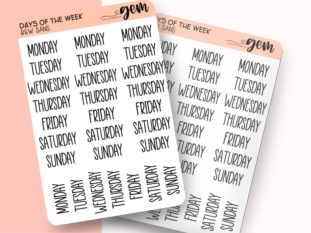 DOW2/ Black Days of the Week 2023 Planner Stickers Weekday Weeks Labels ...