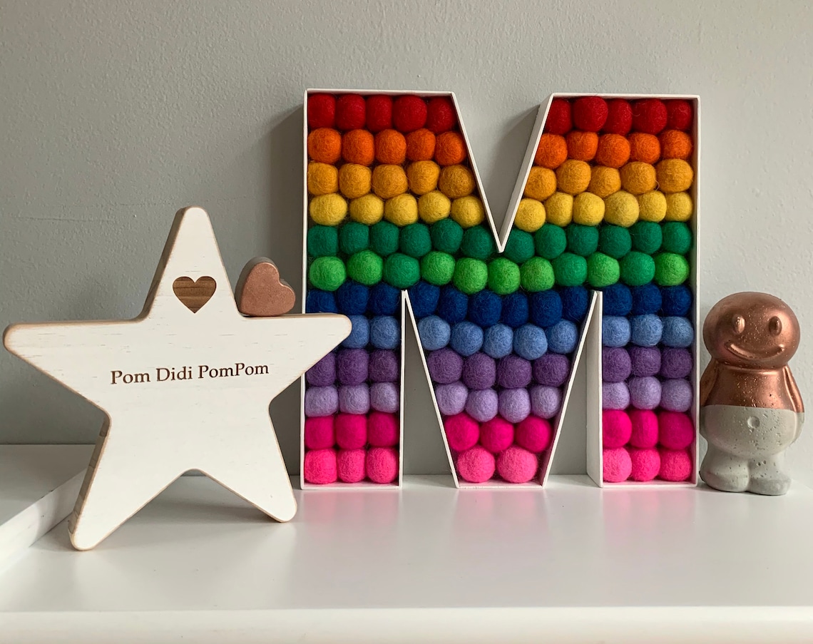 Letter M Felt Ball Letter Wooden Fillable Letter Rainbow - Etsy UK
