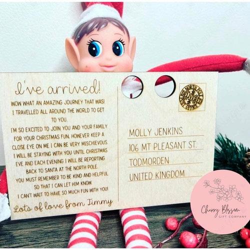 Elf Arrival Postcard Wooden Christmas Card Personalised - Etsy