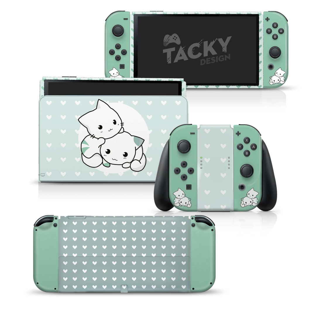 Cute Cats Nintendo Switch Oled Skin, Green Color Switch Oled Skin Full ...