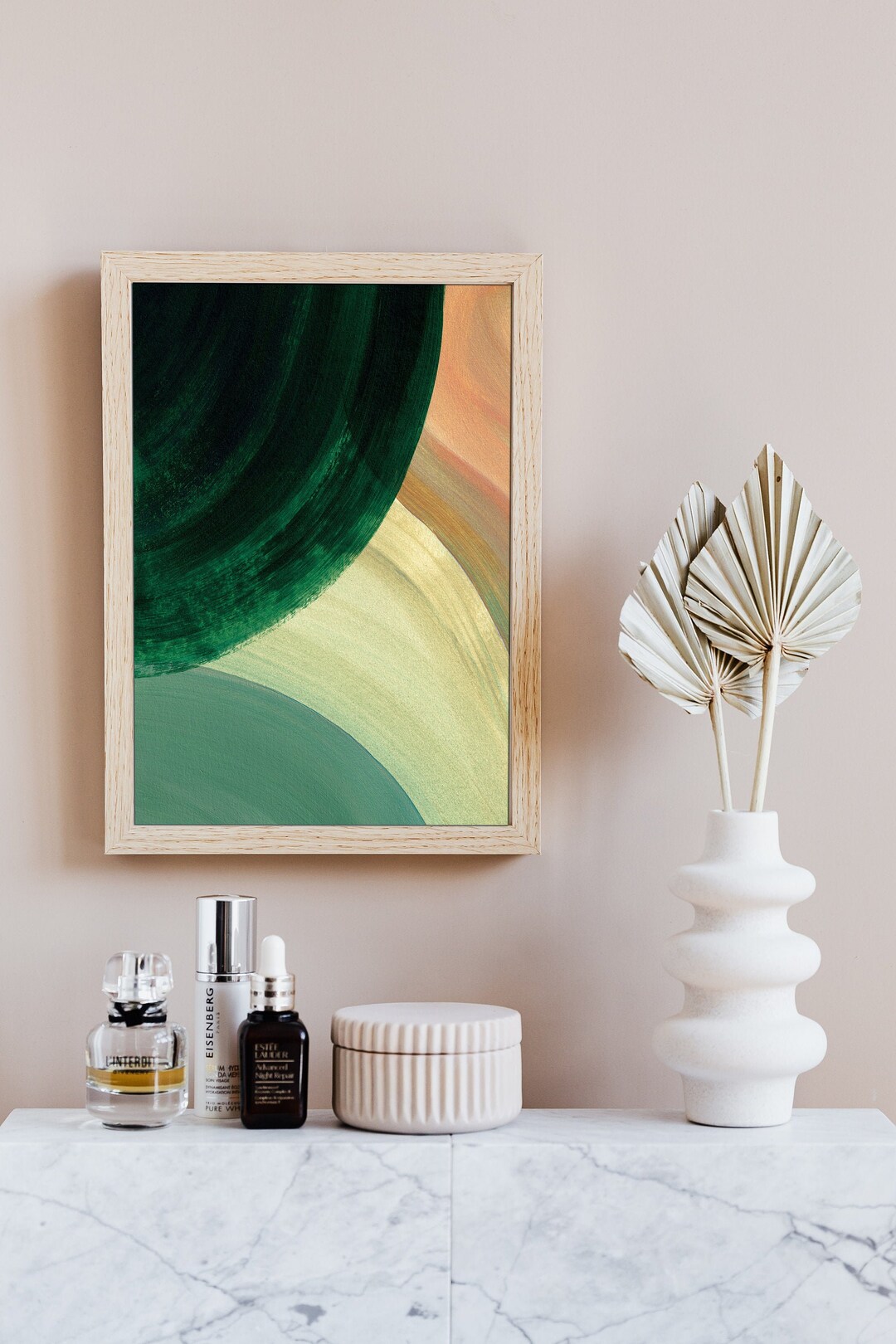 Abstract Green Prints, Emerald Green Print, Soft Pink Home Decor, Green ...