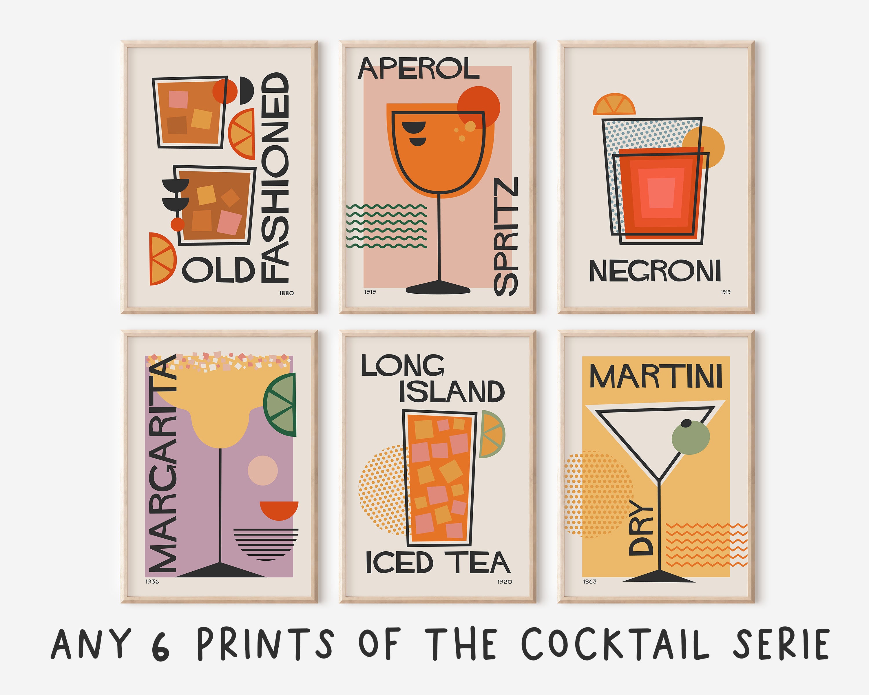 Cocktail Prints Gallery Wall Set of 6, Retro Mid Century Modern Drinks ...