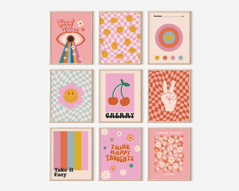 Funky Retro Wall Art Set of 9 Prints 60s 70s Pink Aesthetic - Etsy