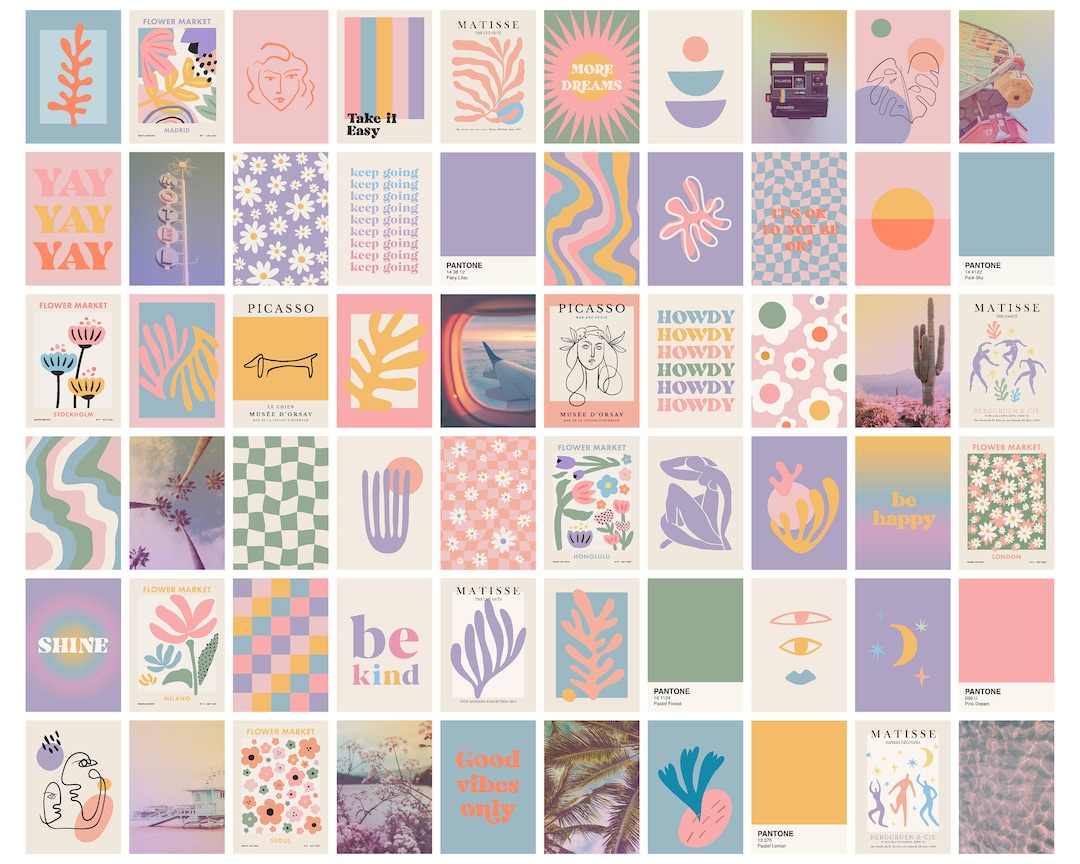 Funky Wall Art Collage Kit, Danish Pastel Preppy Room Decor, Set of 60 ...