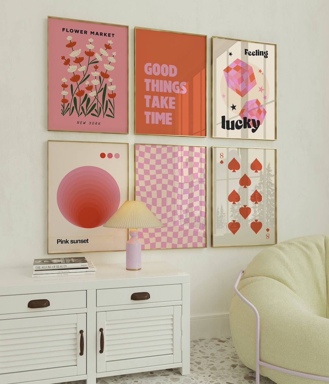 Retro Funky Wall Art Set of 6 Prints, Pink and Orange Groovy Posters ...