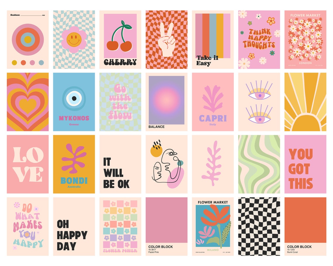 Funky Retro Wall Collage Kit, Groovy Preppy Room Decor, 60s 70s ...