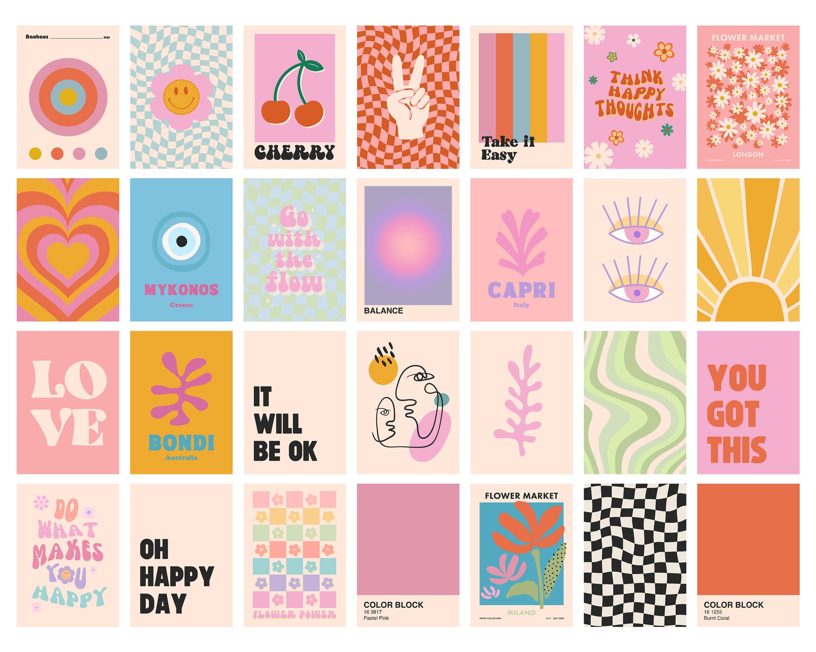 Funky Retro Wall Collage Kit, Groovy Preppy Room Decor, 60s 70s ...