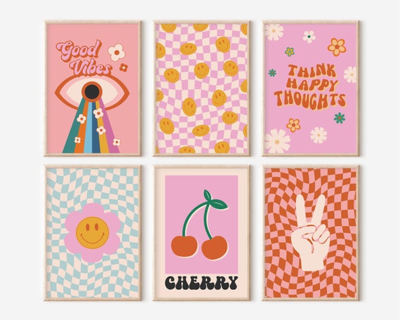 Funky Preppy Room Decor Retro Pink Wall Art Set of 6 Prints - Etsy