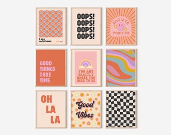 Funky Retro Wall Art Set of 9 Prints, 60s 70s Pink Aesthetic Gallery ...