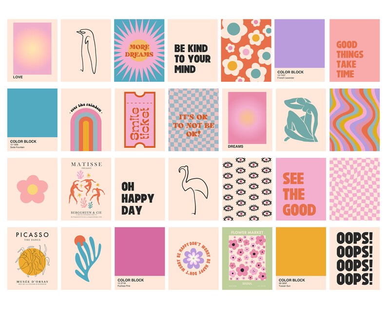 Funky Retro Wall Collage Kit, Groovy Preppy Room Decor, 60s 70s ...