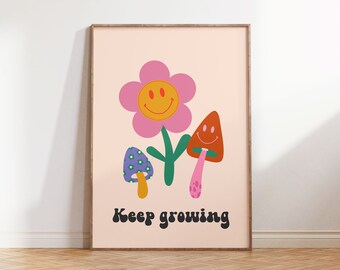 Funky Floral Wall Art, Retro Flowers Digital Print, Trendy Pink ...