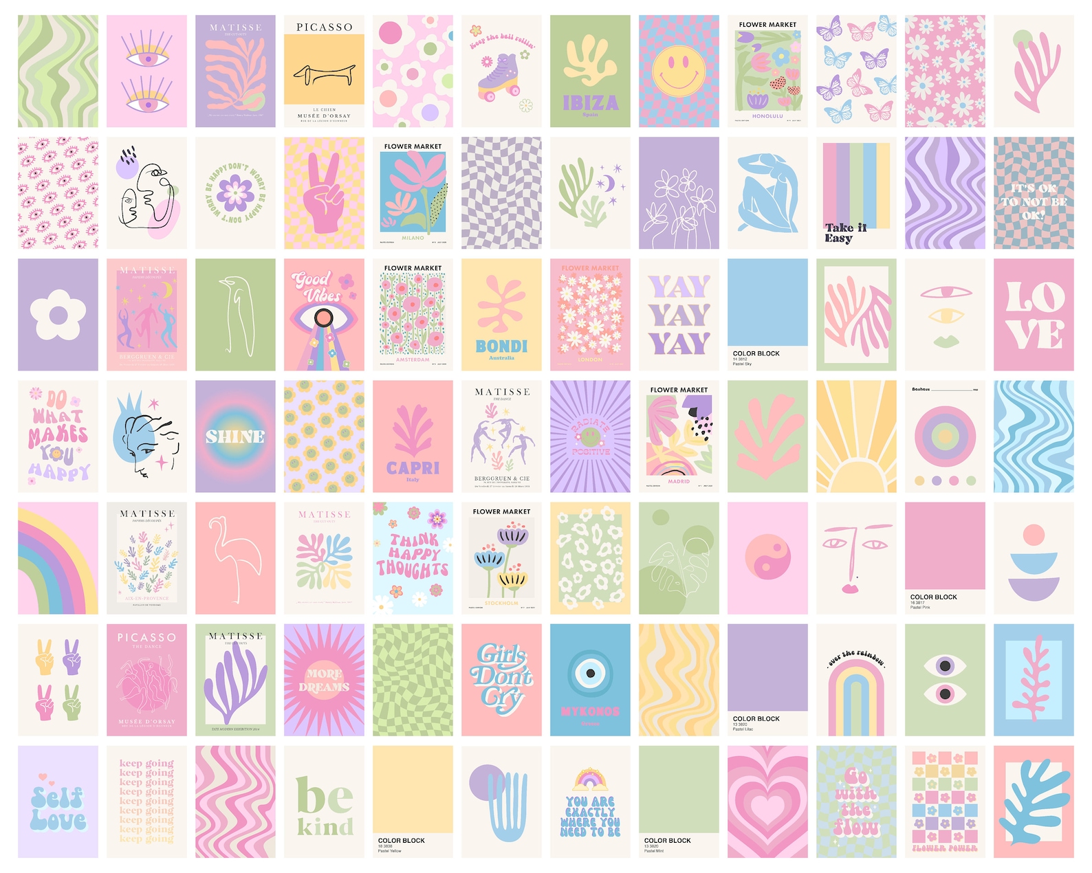 Danish Pastel Wall Collage Kit, Funky Wall Art, Aesthetic College Room ...