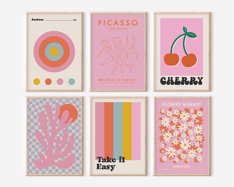 Funky Pink Wall Art Set of 6 Prints Groovy Checkered Decor - Etsy
