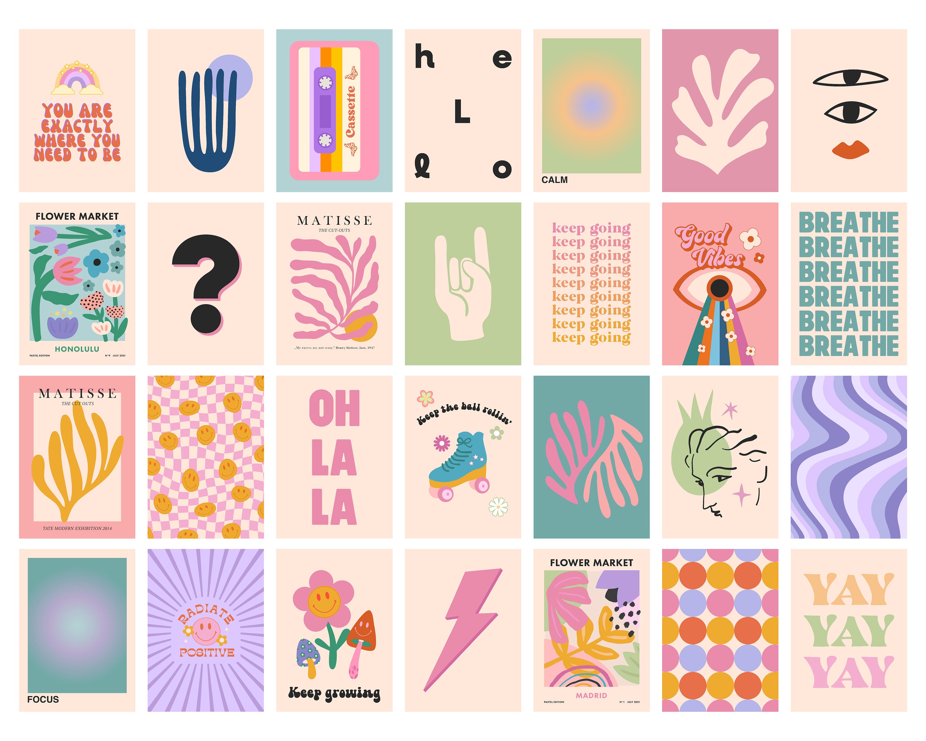 Funky Retro Wall Collage Kit, Groovy Preppy Room Decor, 60s 70s ...