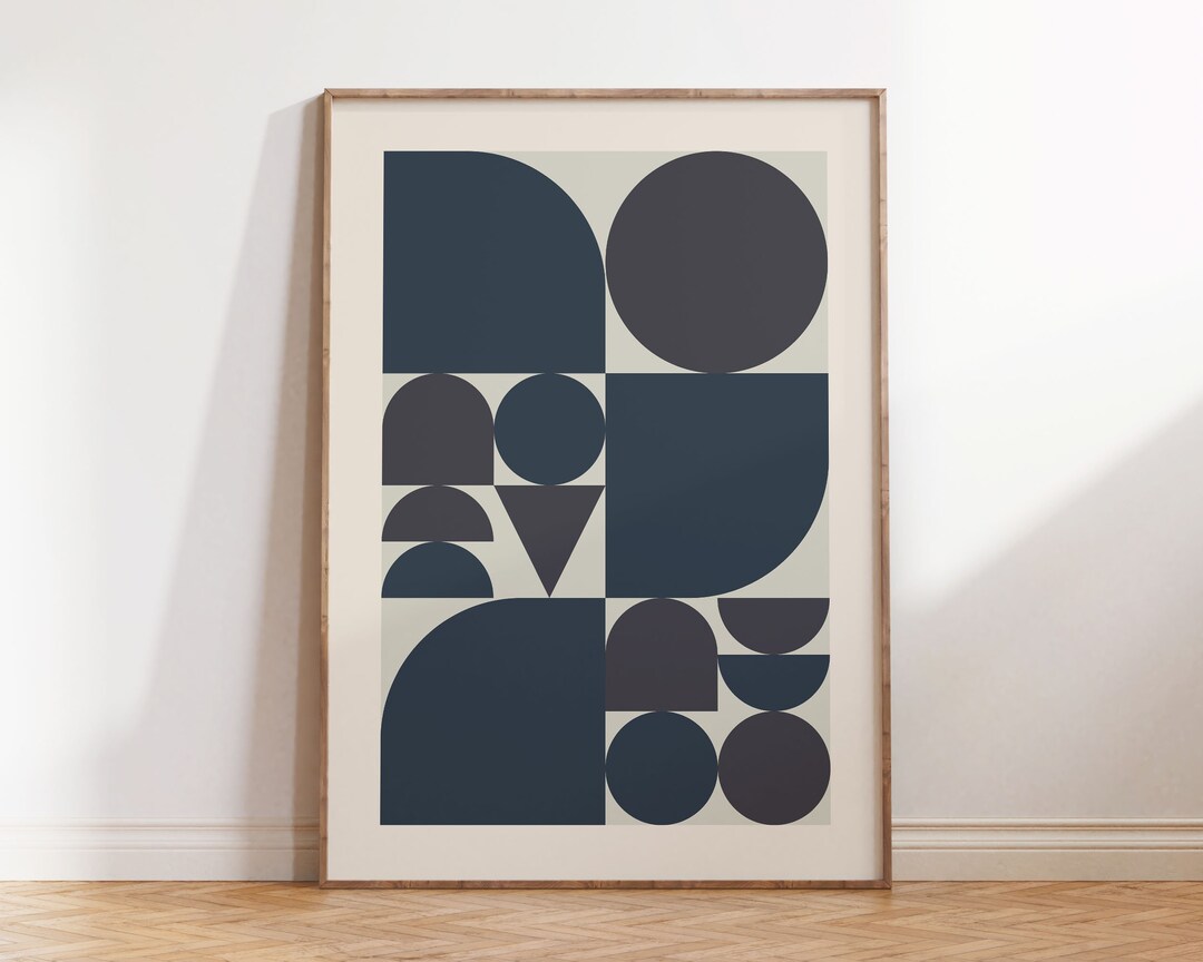 Dunkelblauer Retro Bauhaus Druck, Geometrische Mid Century Modern Kunst ...