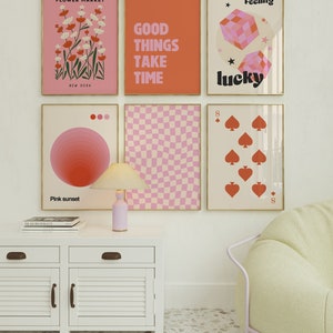 Retro Funky Wall Art Set of 6 Prints, Pink and Orange Groovy Posters ...