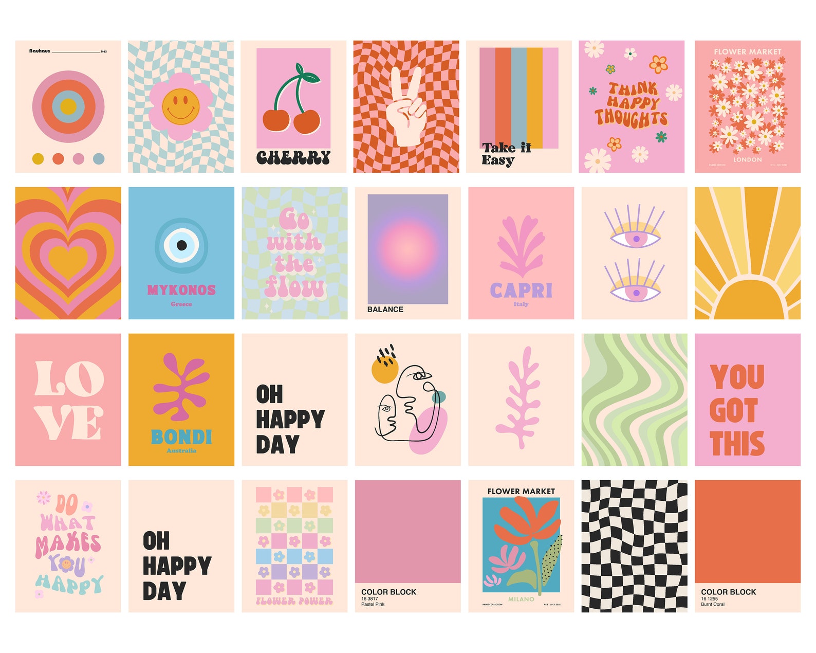 Funky Retro Wall Collage Kit, Groovy Preppy Room Decor, 60s 70s ...