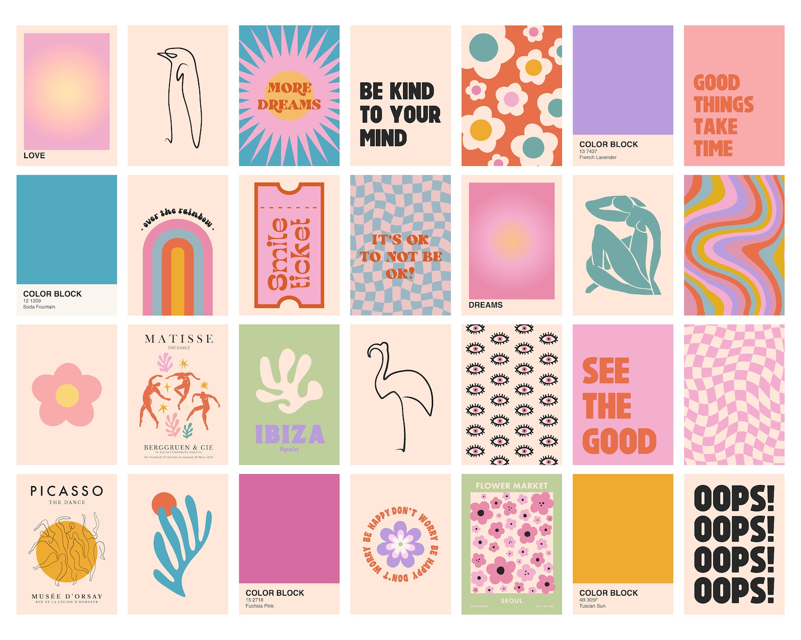 Funky Retro Wall Collage Kit, Groovy Preppy Room Decor, 60s 70s ...