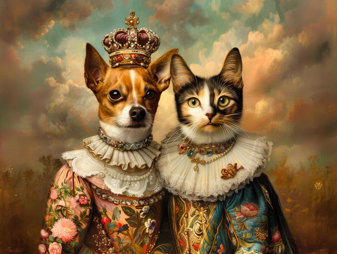 Custom Dog Portrait, 2 Pet Portrait Royal, Two Pets Portrait, Funny Pet ...
