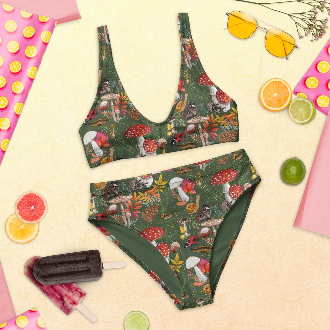 Woodland Mushroom Collage Recycled High-waisted Bikini Nature Botanical ...