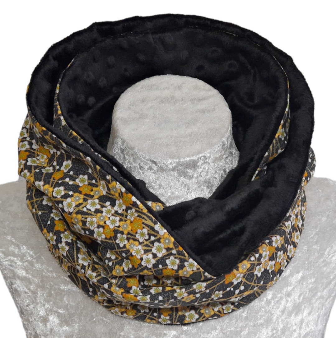 Women's Double Neck Snood, Small Gold Flower Neck Warmer Lined in Black ...