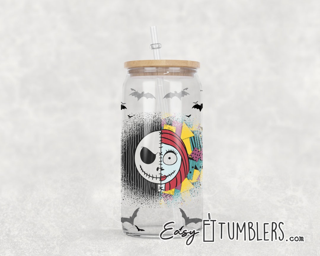 Jack Sally Skull Halloween Bats for 16oz Glass Can Clear Frosted ...