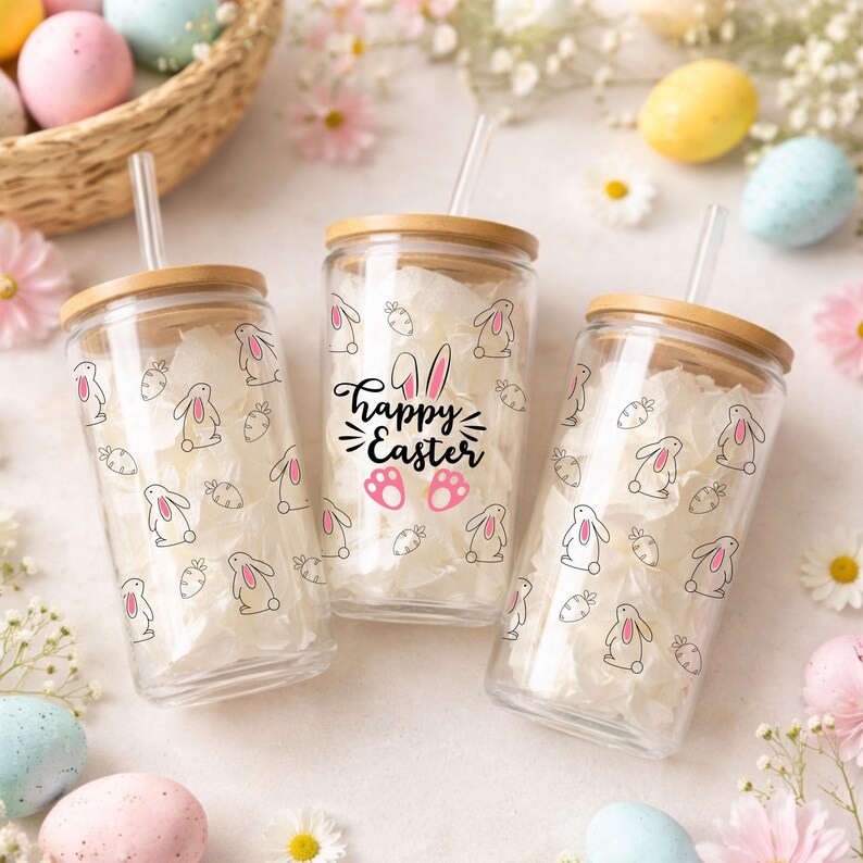 Easter Bunny Glass Tumbler Gift Happy Easter Floral Bunny Glass Cup ...