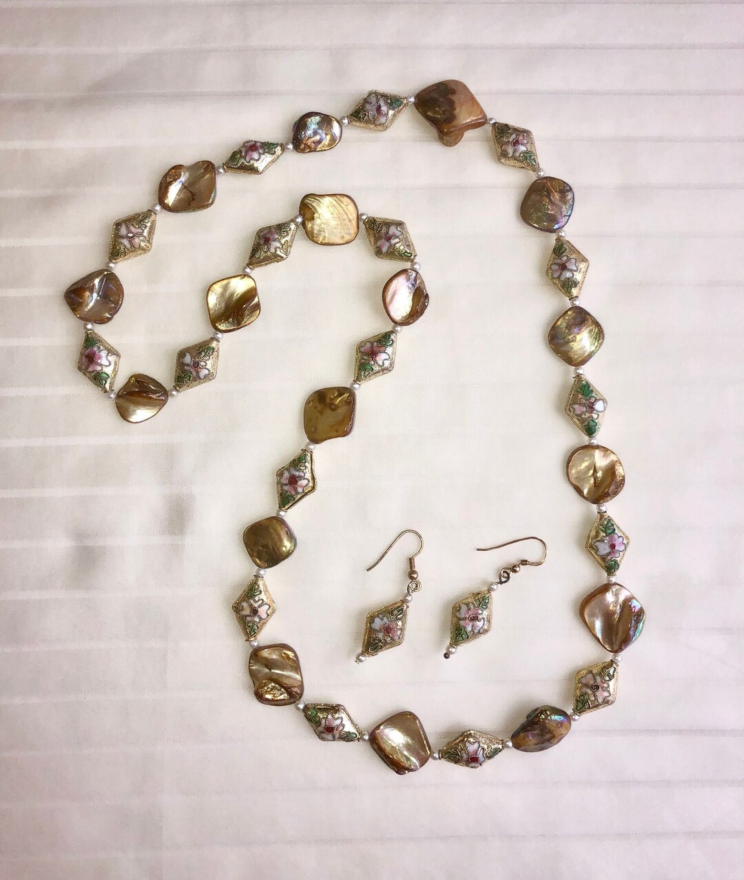 Gold Cloissone and Shell Necklace and Earring Set - Etsy