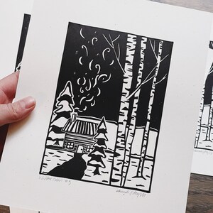 Winter Cabin | Snowy Cabin | Original Linocut Block Print - Etsy