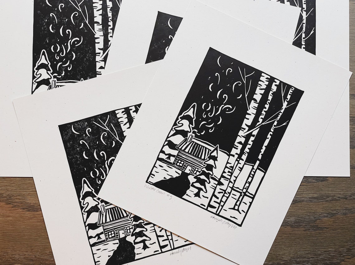 Winter Cabin | Snowy Cabin | Original Linocut Block Print - Etsy