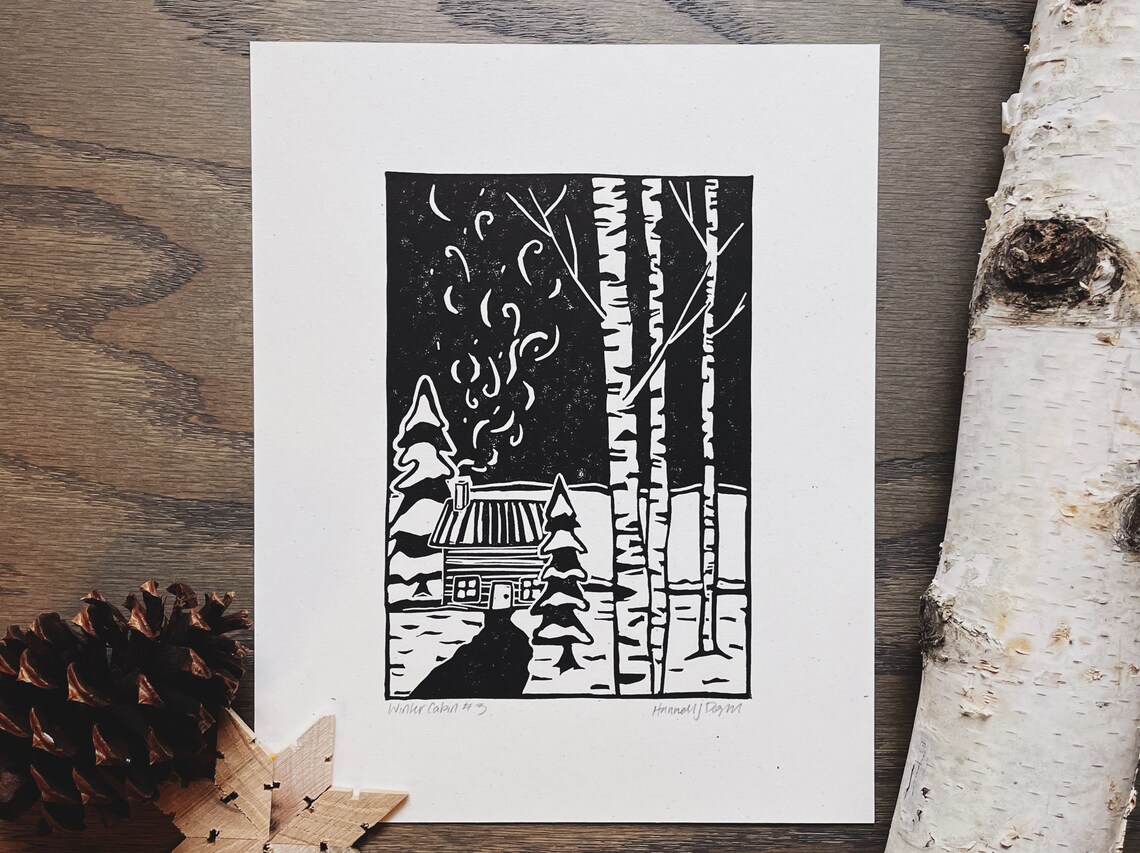 Winter Cabin | Snowy Cabin | Original Linocut Block Print - Etsy