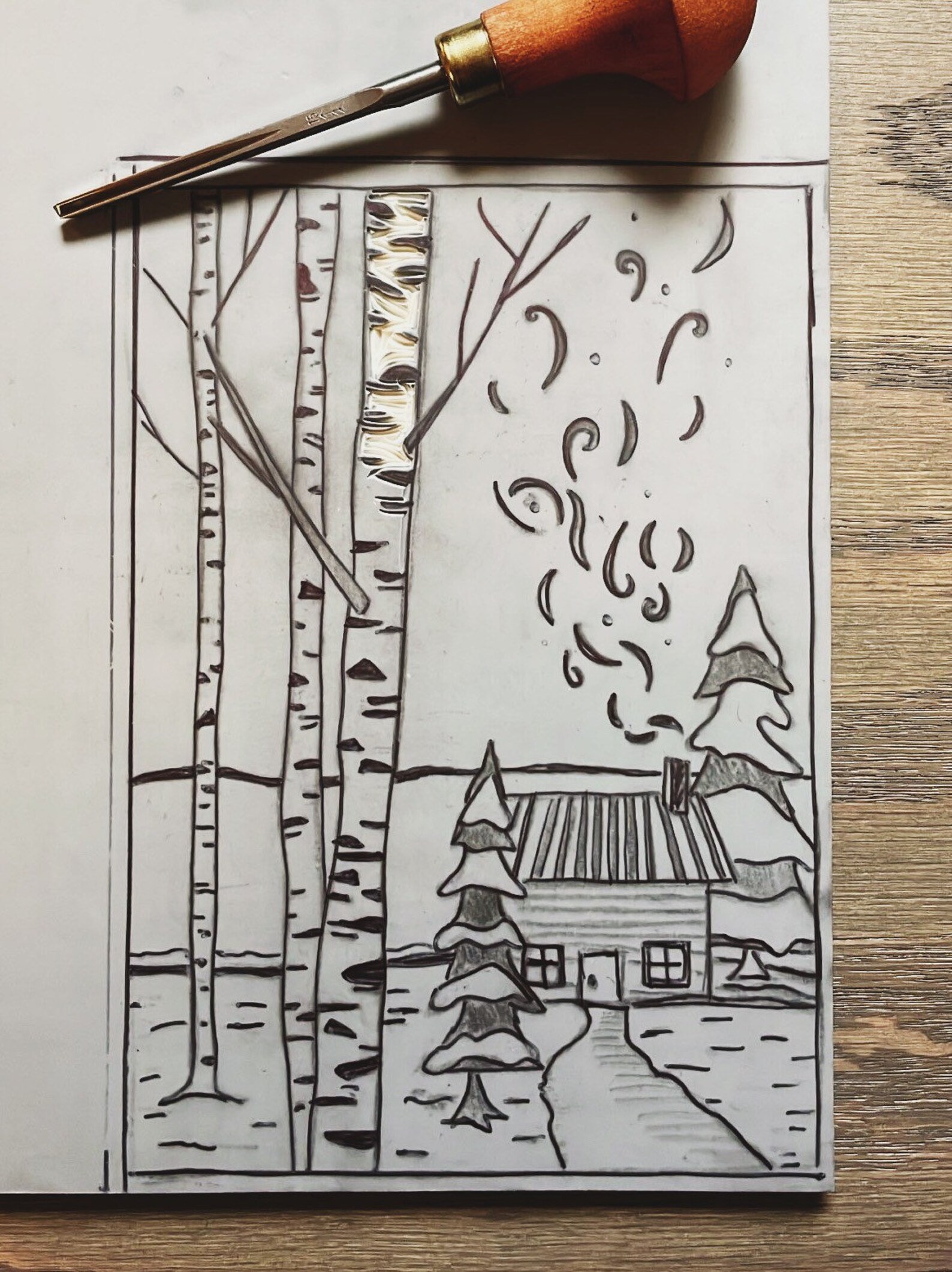 Winter Cabin | Snowy Cabin | Original Linocut Block Print - Etsy