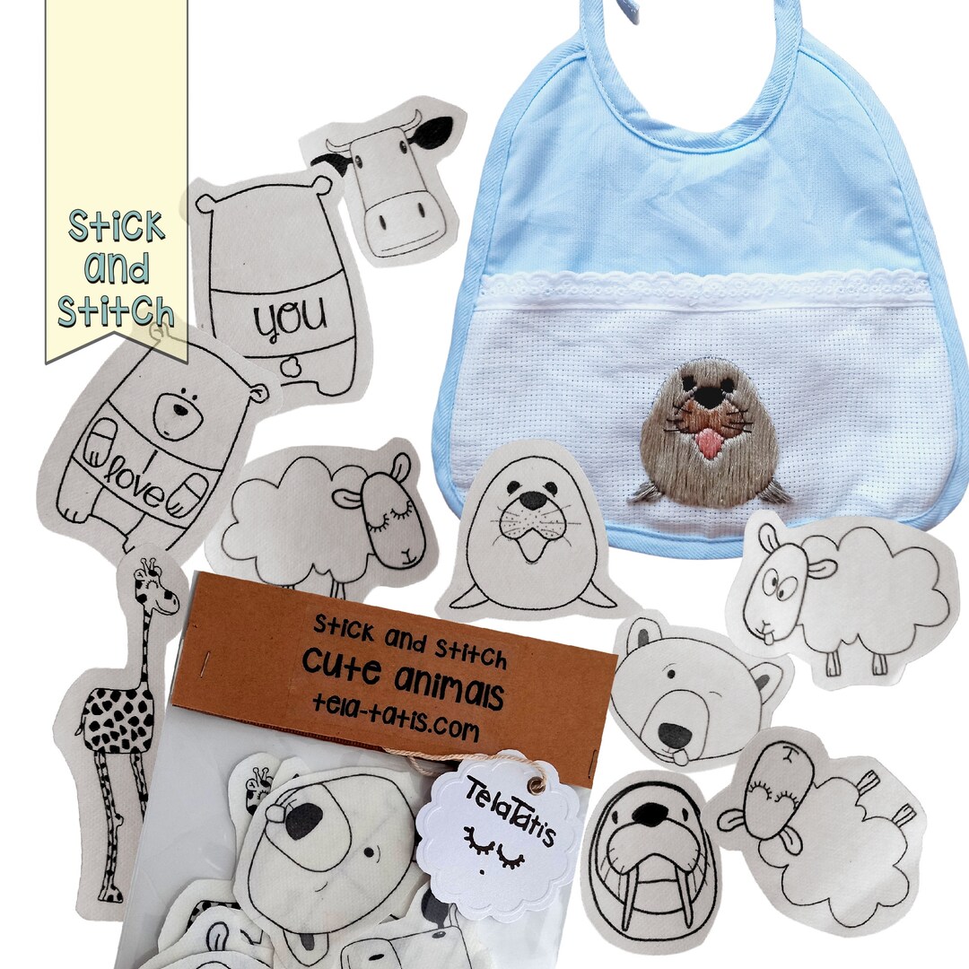 STICK AND STITCH. 10 Embroidery Stickers. Cute Animals. Stick ...