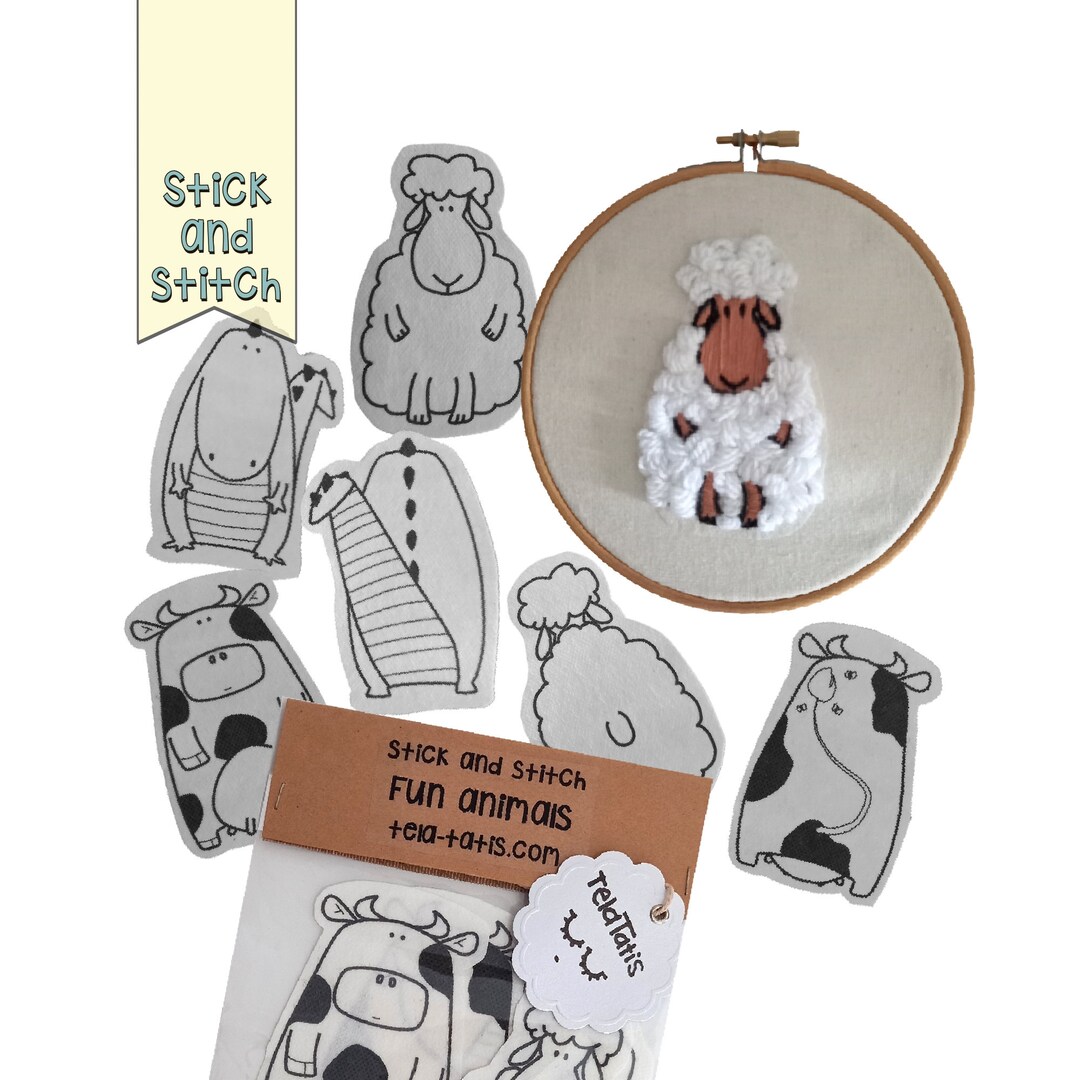 STICK AND STITCH. 6 Embroidery Stickers. Funny Animals. Stick ...