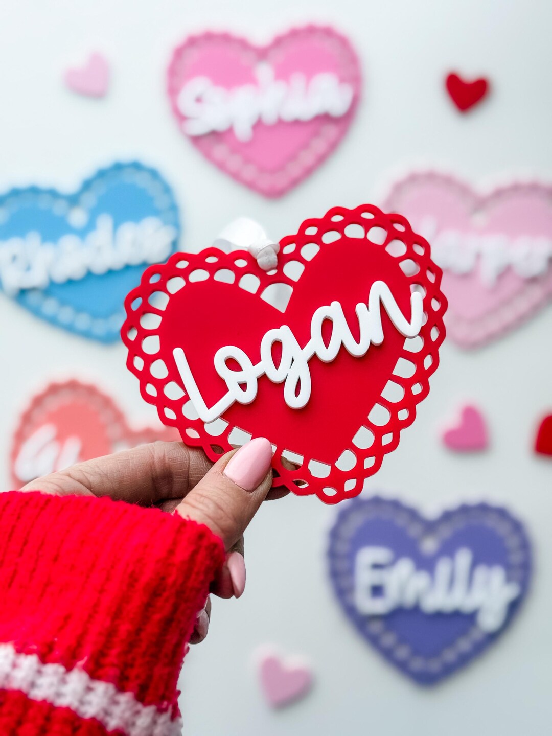 Valentine's Day Heart Doily Name Tags / Acrylic Scallop Heart Name Tags ...