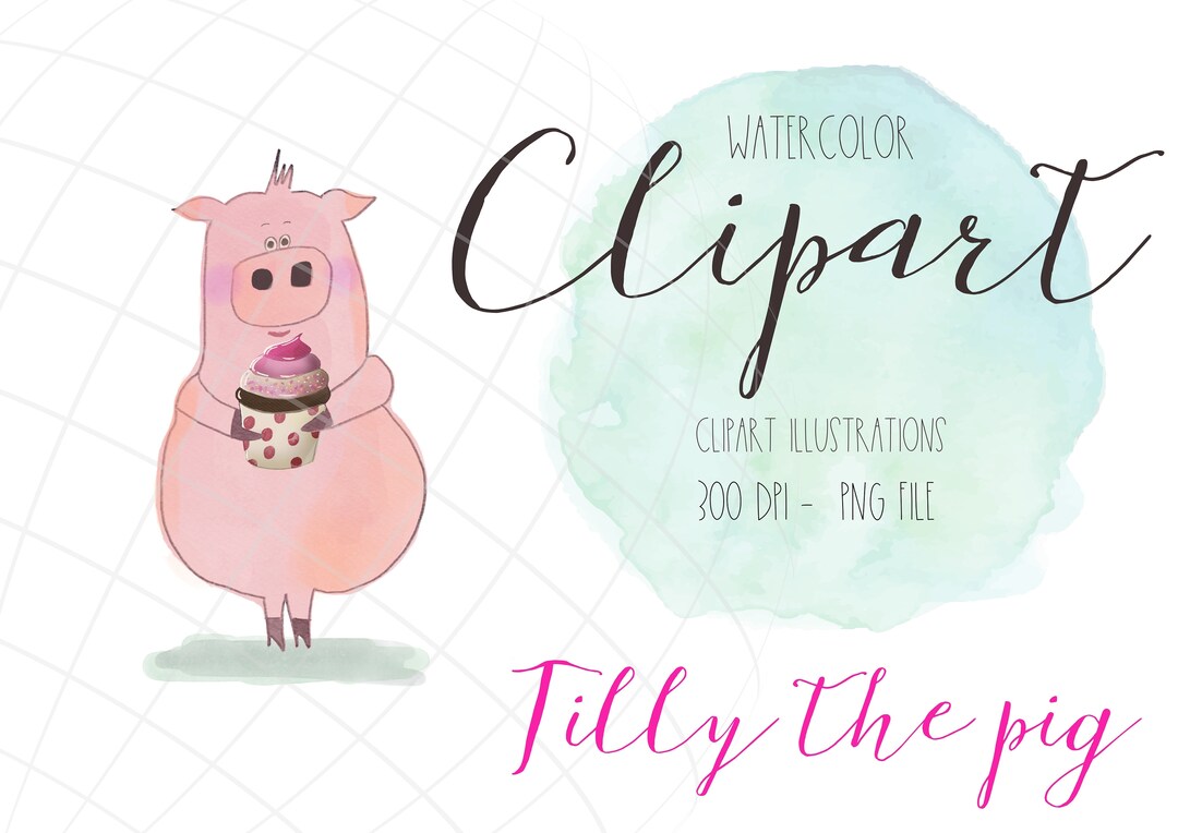 Clipart Illustration Pig, Watercolor Clipart Illustration, Cupkake ...