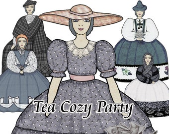 Tea Cozy Party Six Paper Doll Gray Hair Bright Green | Etsy