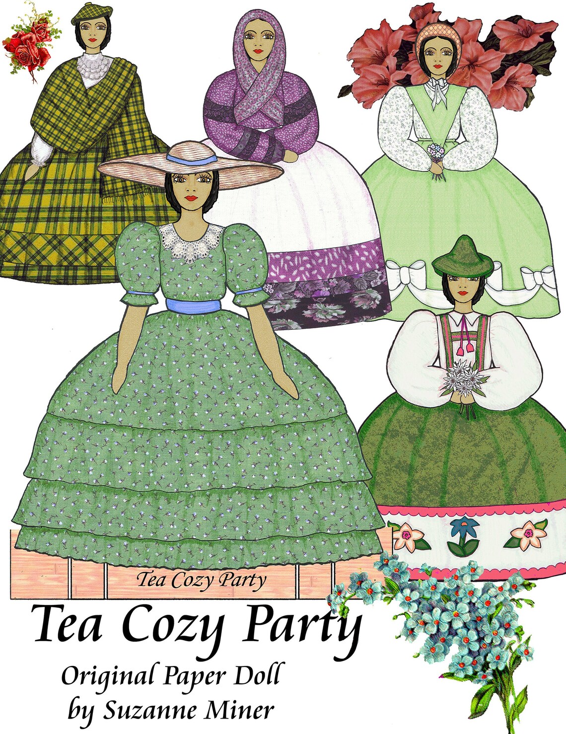 Tea Cozy Party - Paper Doll, Green Dress, Black Hair, Brown Eyes - Etsy
