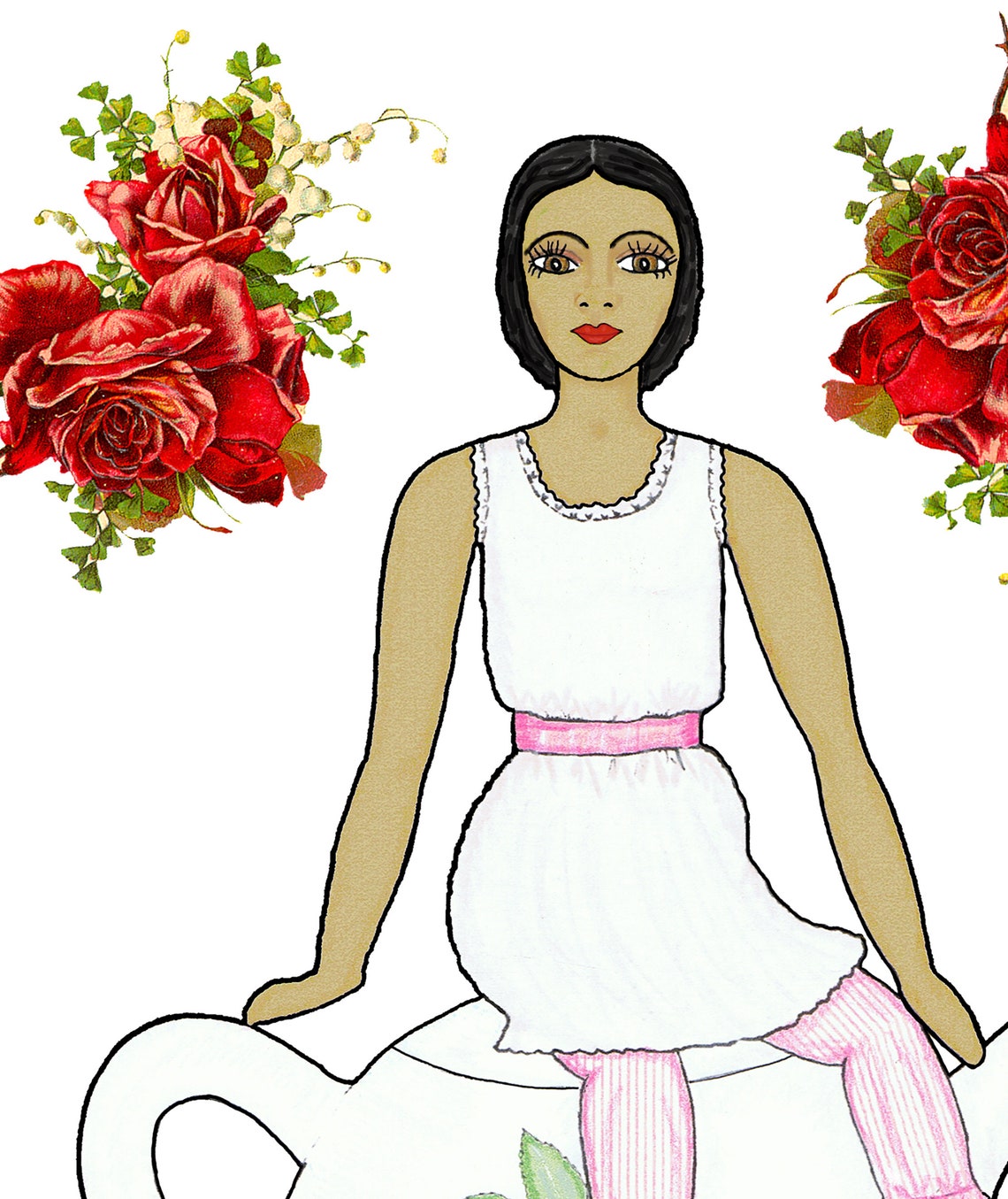 Tea Cozy Party - Paper Doll, Green Dress, Black Hair, Brown Eyes - Etsy