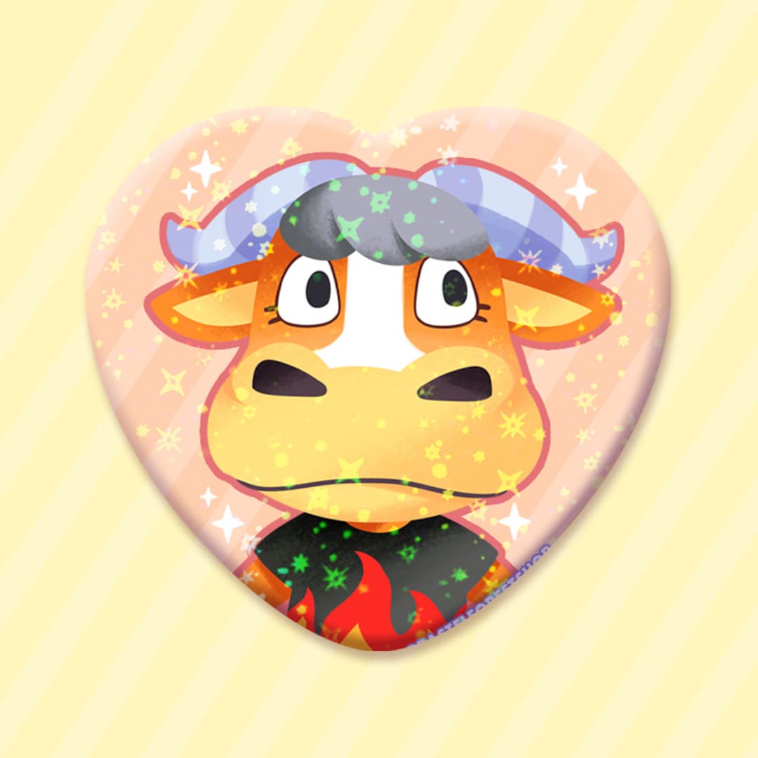 Angus Animal Crossing Cute Metal Sparkly Star Holographic Heart Button ...