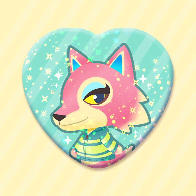 Freya Animal Crossing Cute Metal Sparkly Star Holographic Heart Button ...