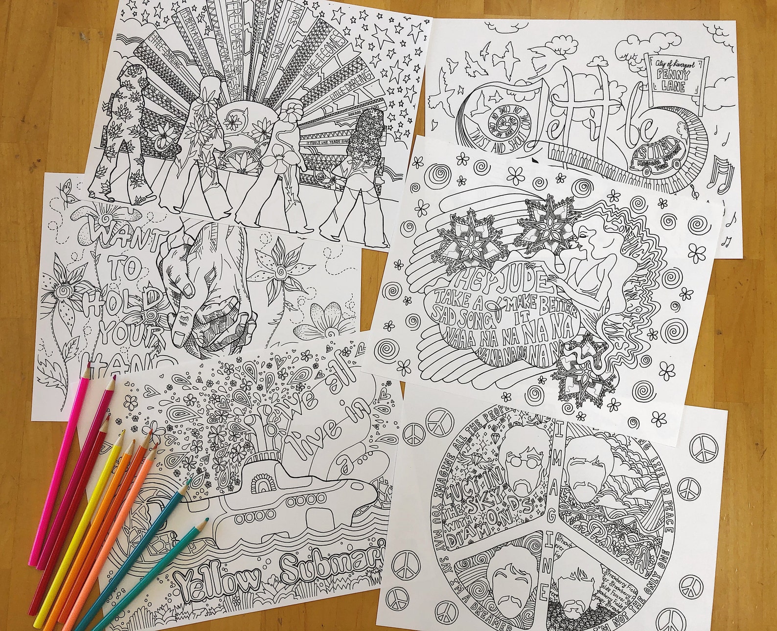 The Beatles Coloring Pages for Adults, Instant PDF Download, 6 Coloring ...