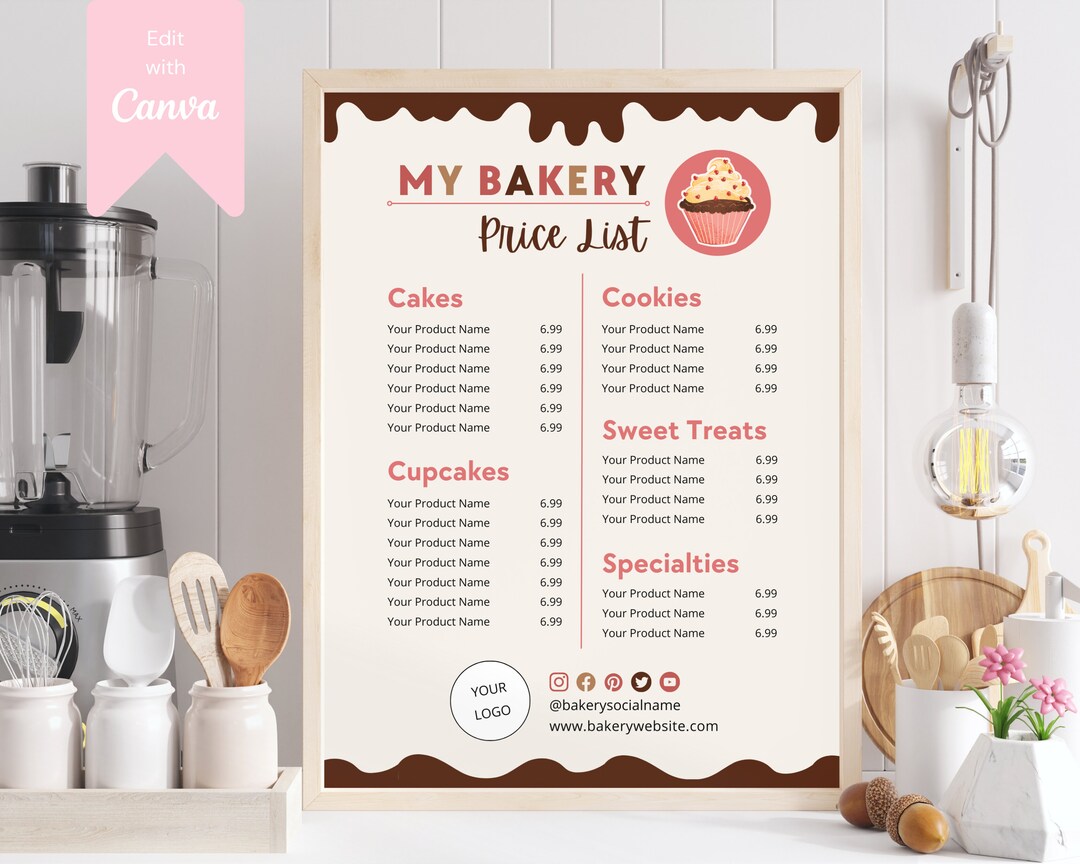 Chocolate Bakery Menu Template for Canva, Cake Price List, Cupcake ...