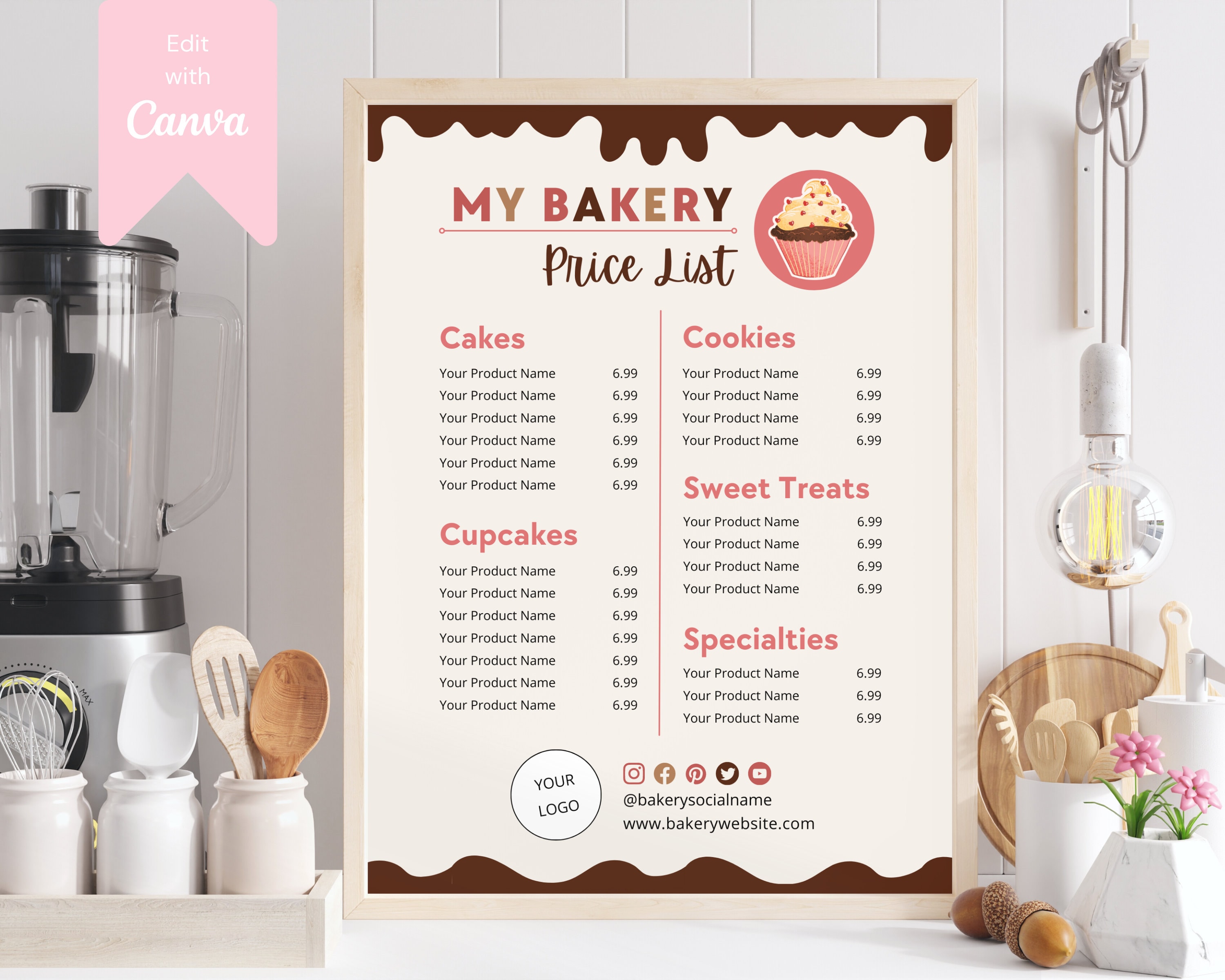 Chocolate Bakery Menu Template for Canva, Cake Price List, Cupcake ...